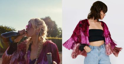 Saltburn: Venetia’s pink metallic fringe bomber jacket | Shopyourmovies
