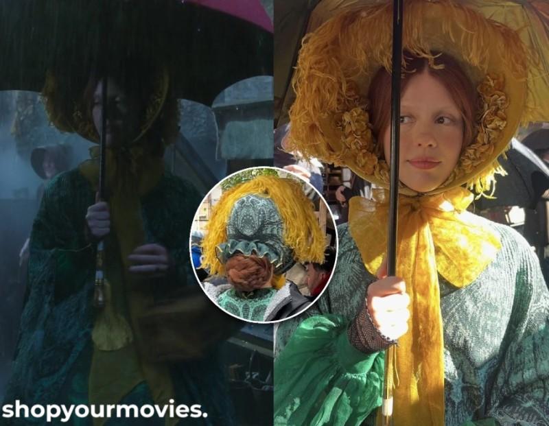 Frankenstein (2025): Elizabeth’s yellow feather moth bonnet ...